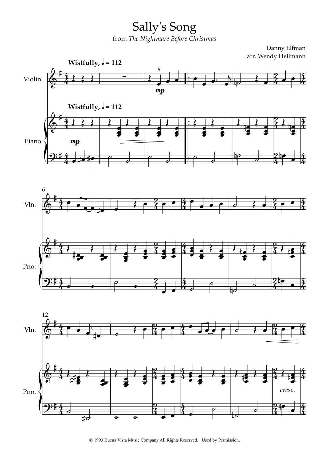 Sally's Song (arr. Wendy Hellmann) by Danny Elfman Sheet Music for Violin and Piano at Sheet ...