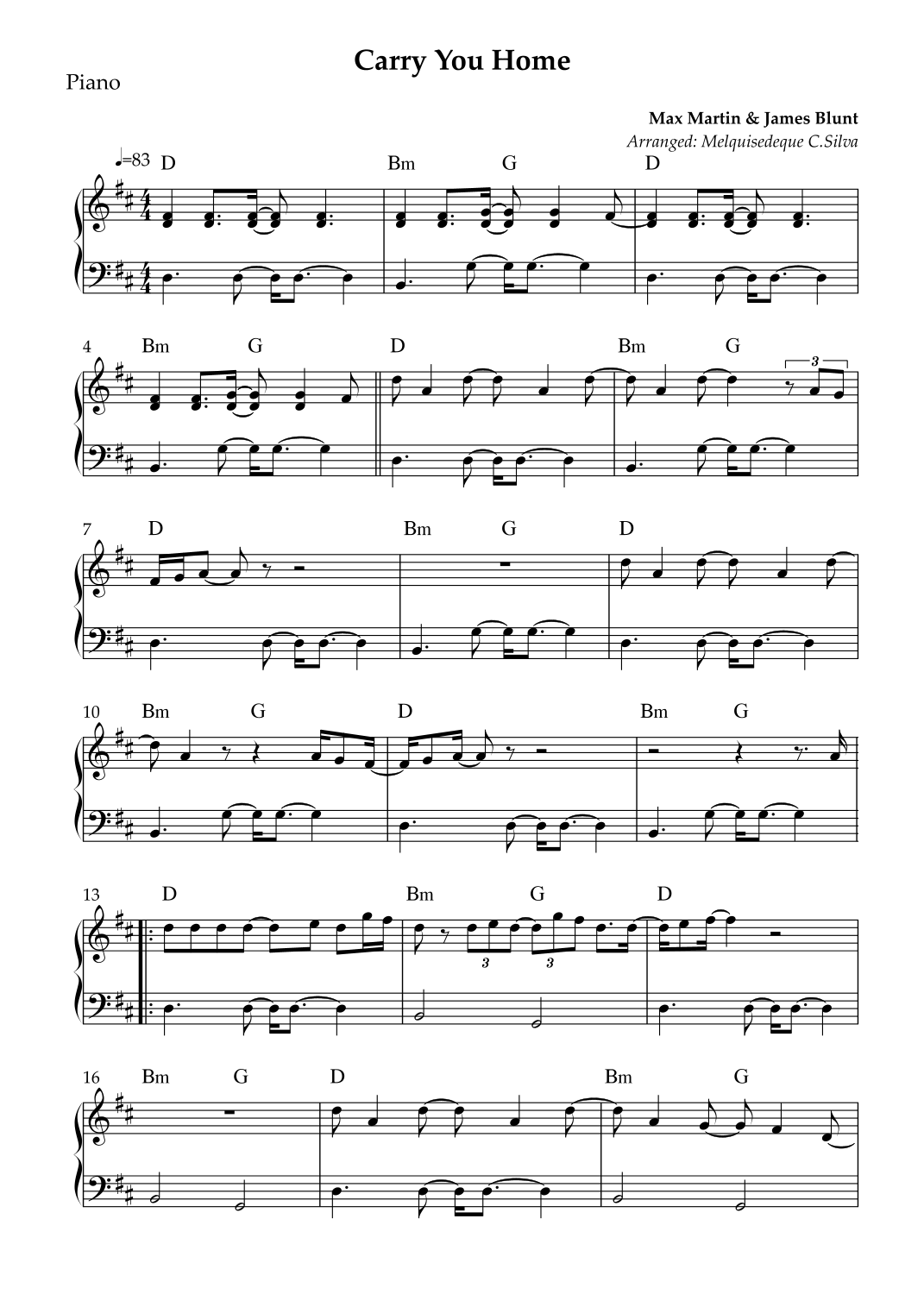 Carry You Home (arr. Melquisedeque C.Silva) by James Blunt Sheet Music ...