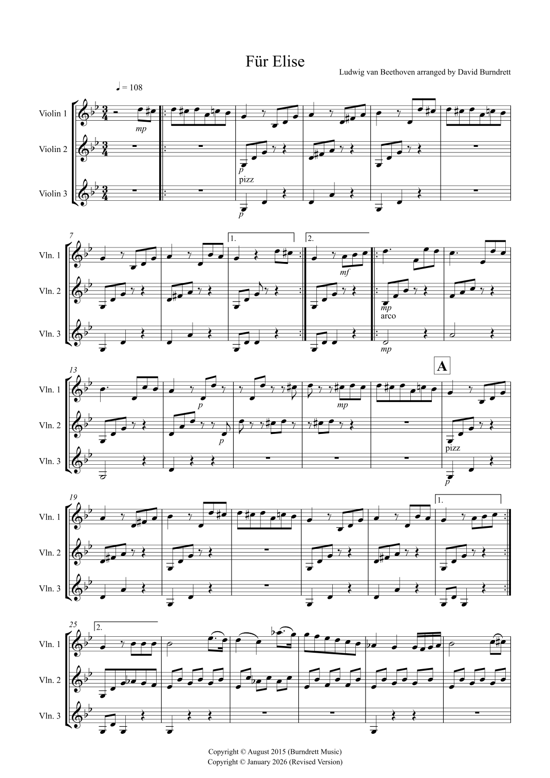 Fur Elise for Violin Trio (arr. David Burndrett) by Ludwig Van ...