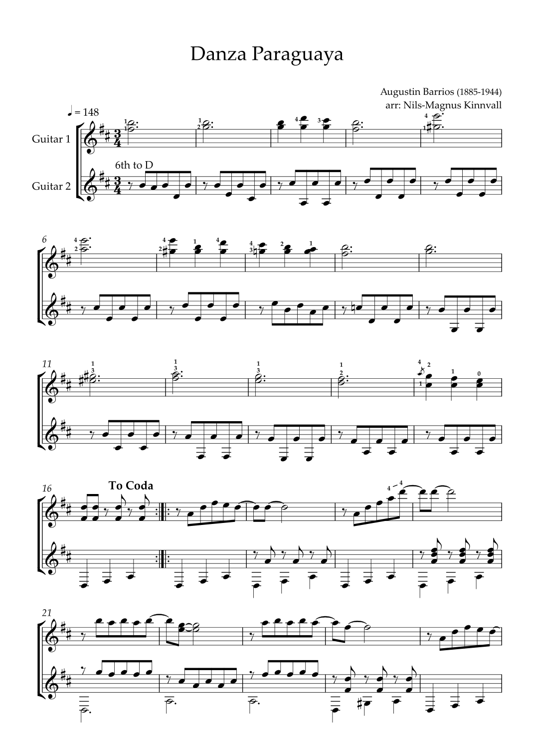 Danza Paraguaya (arr. Nils-Magnus Kinnvall by Augustin Barrios Sheet ...