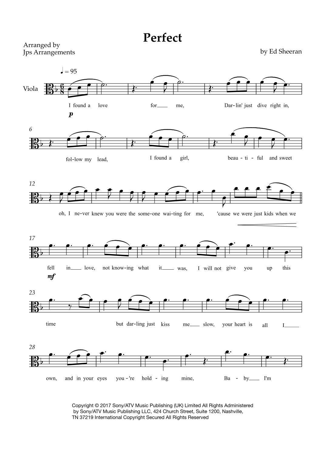 Perfect by Ed Sheeran Sheet Music for Viola Solo at Sheet Music Direct