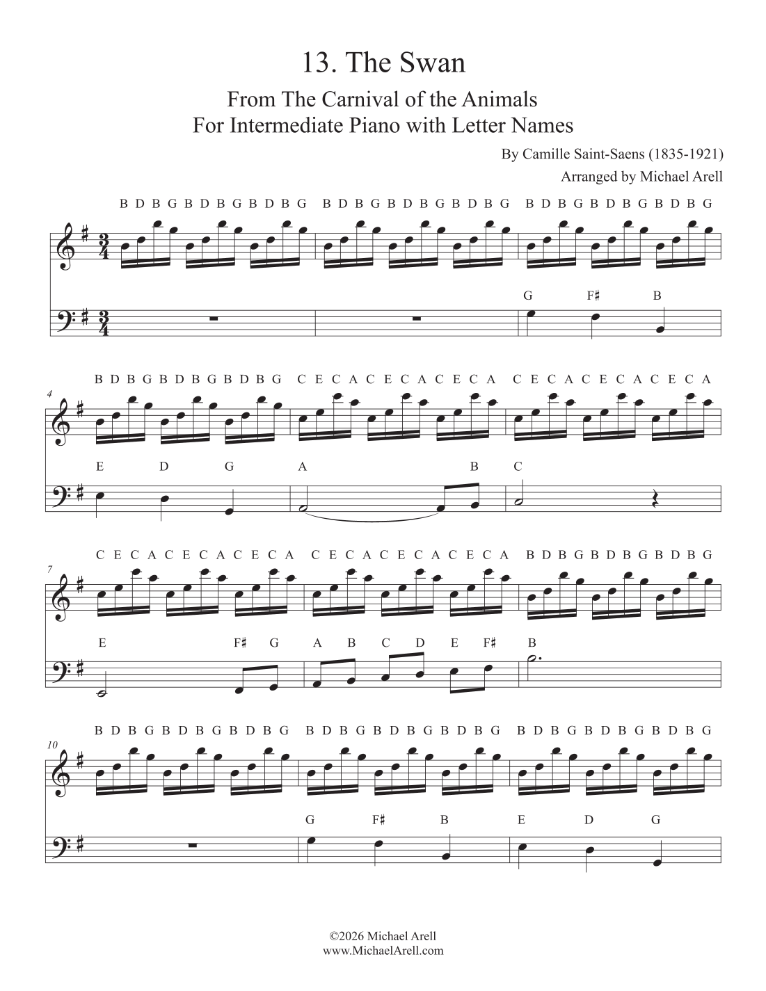 The Swan from The Carnival of Animals for Intermediate Piano (arr ...