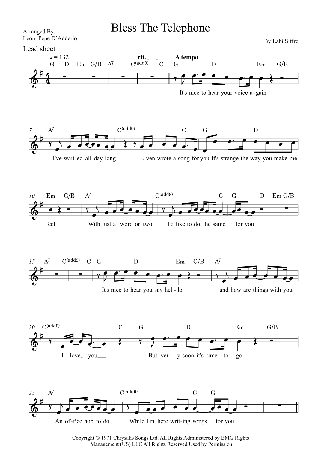 Bless The Telephone (arr. Leoni Pepe D`Adderio) by Labi Siffre Sheet ...