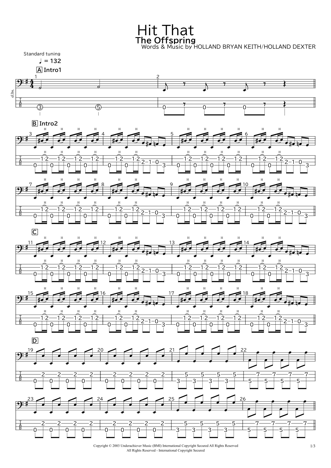 Hit That (arr. bassscore.masspro) by The Offspring Sheet Music for Bass ...
