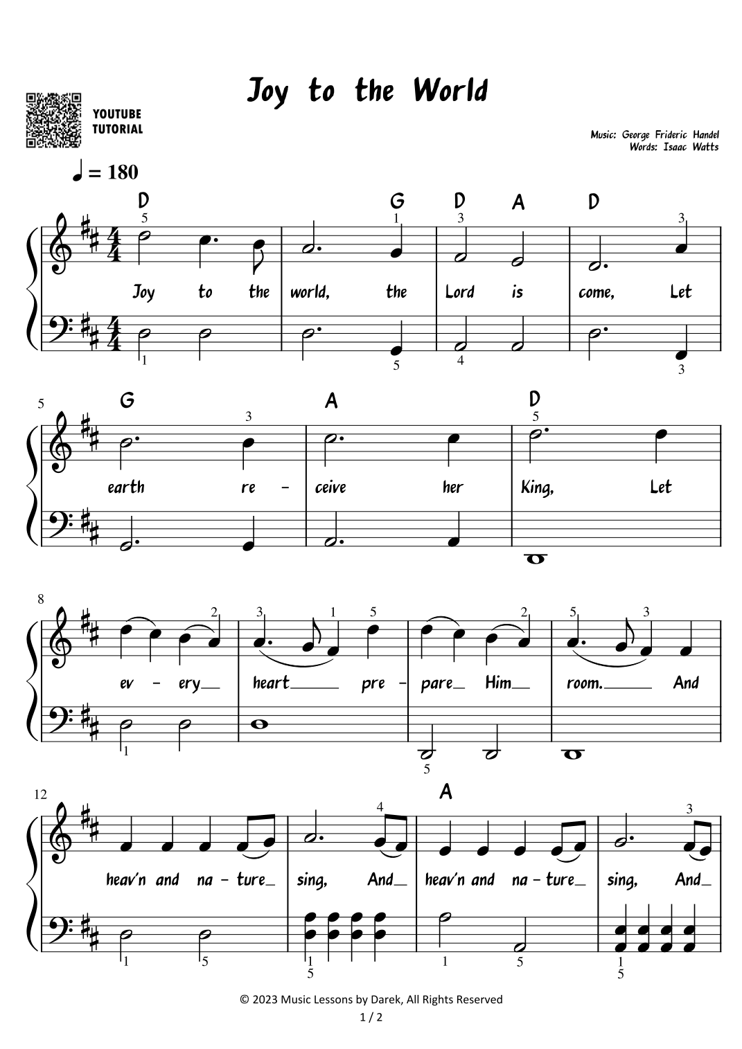 Joy to the World - Christmas Carol [EASY PIANO] (arr. Darek) Sheet Music | Traditional Carols ...
