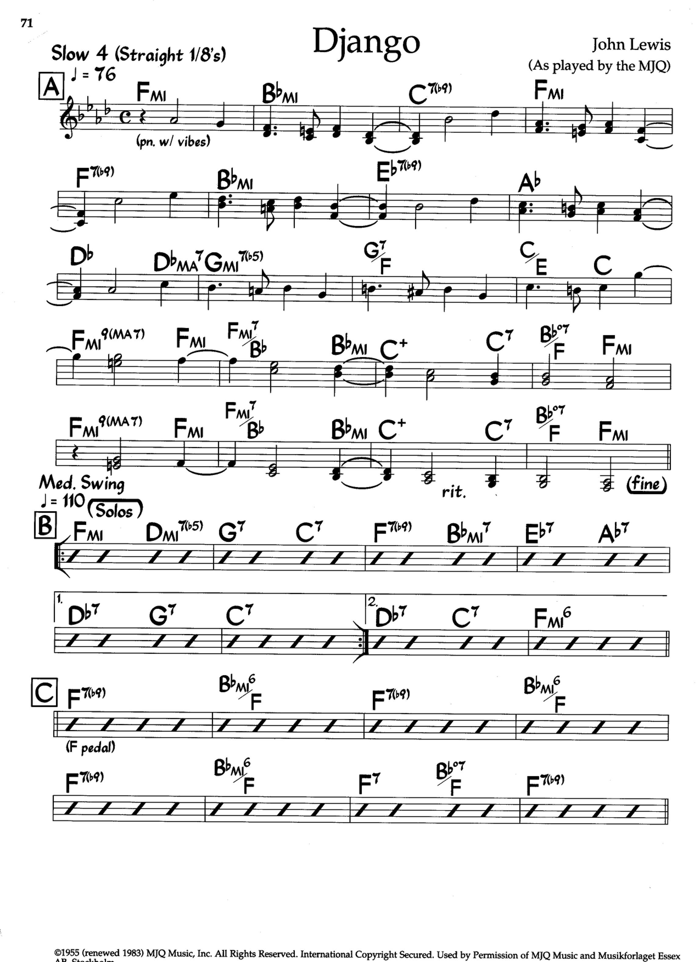 Django - Lead Sheet (arr. John Lewis) by MJQ Sheet Music for Lead Sheet ...