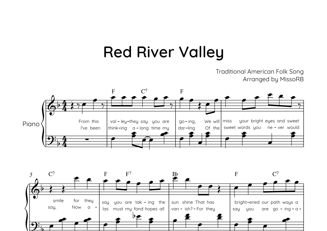 Red River Valley - Piano in F With Chords & Lyric - Easy (arr. MissoRB ...