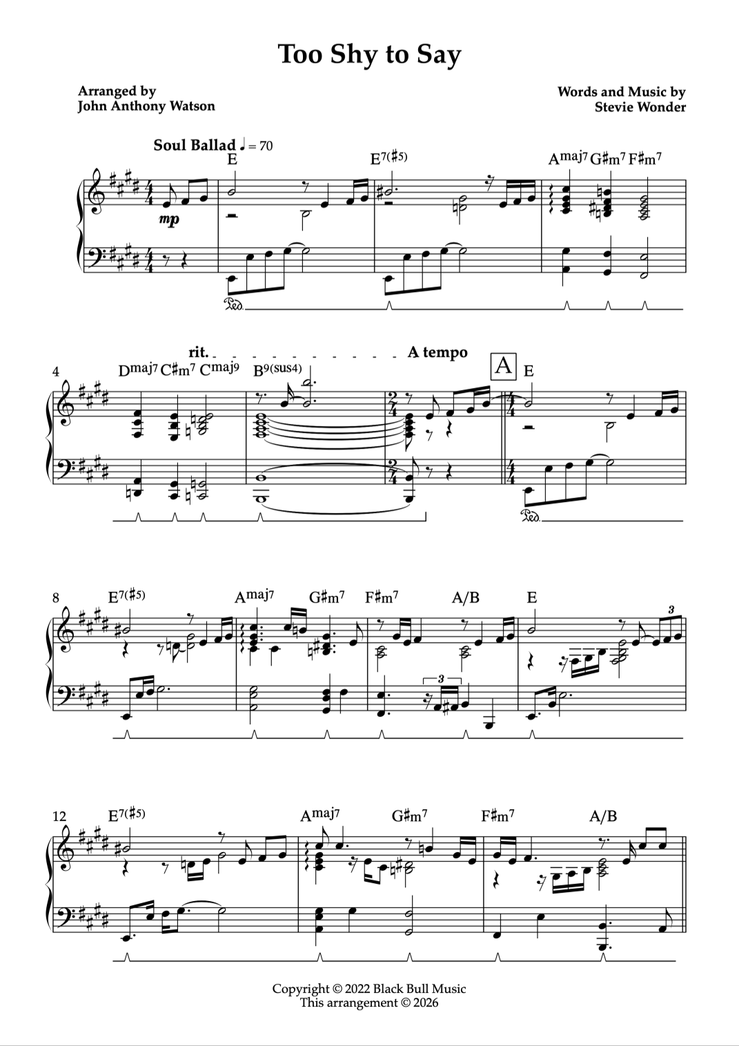 Too Shy To Say (arr. John Anthony Watson par Stevie Wonder Partitions ...