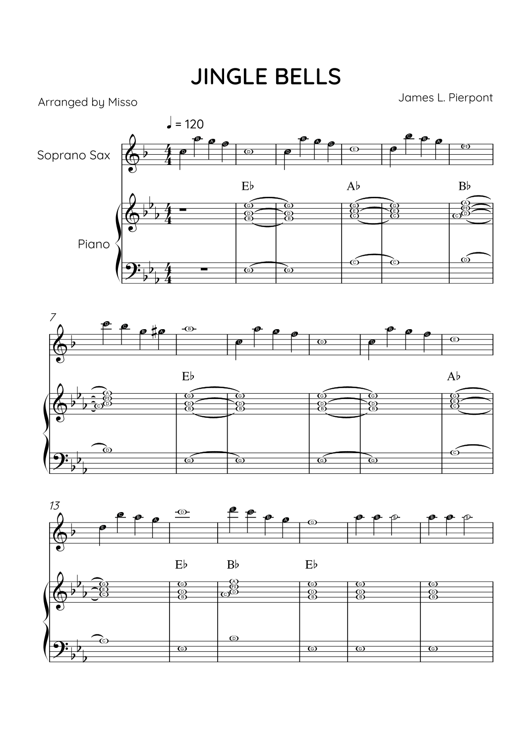 Jingle Bells - Soprano Sax & Piano in Eb Major - Beginner With Chords ...
