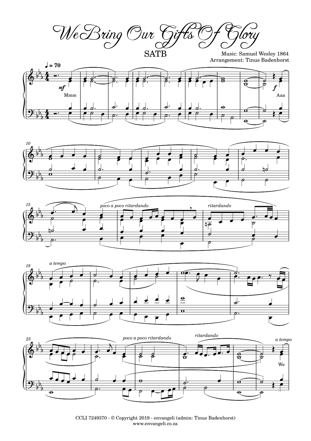 We Bring Our Gifts Of Glory - SATB (arr. Tinus Badenhorst) by Samuel ...