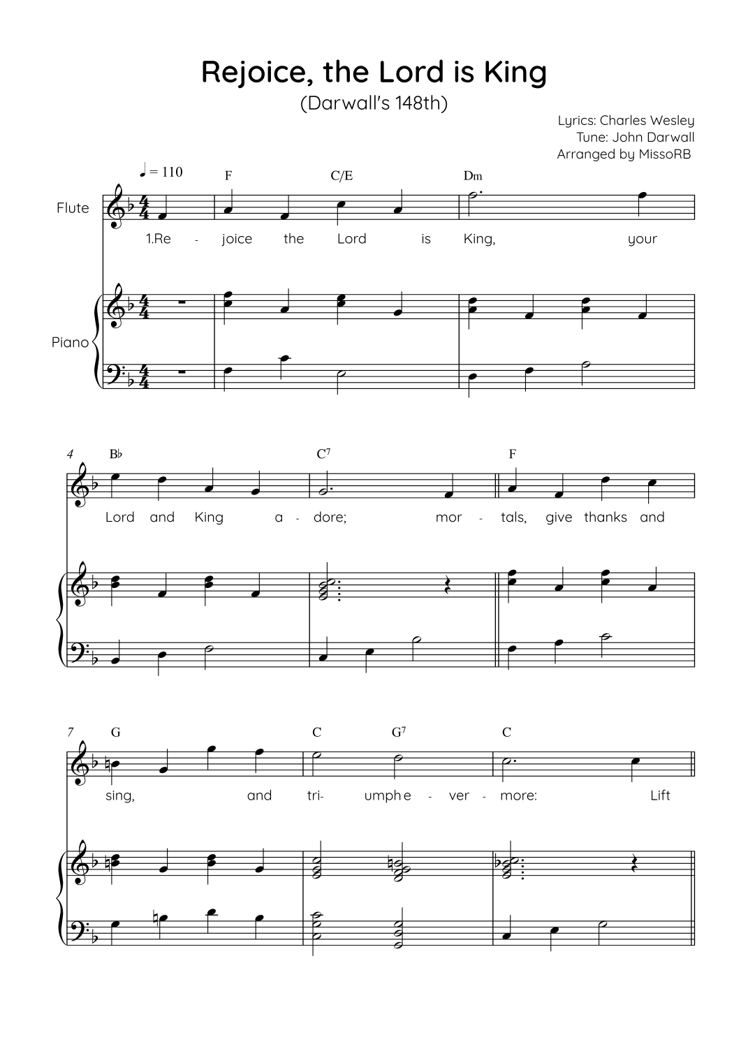 REJOICE, THE LORD IS KING (DARWALL'S 148TH) - FLUTE WITH PIANO IN F ...