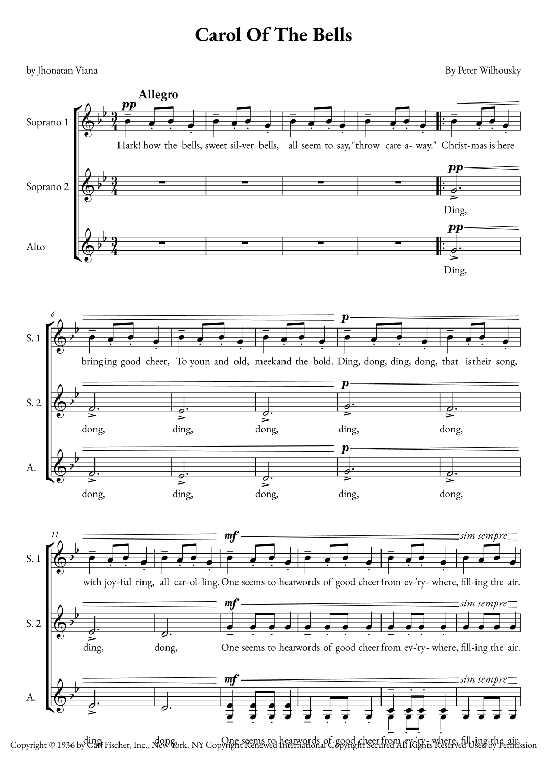 Carol Of The Bells (arr. Jhonatan Lucio Viana by Chloe Flower Sheet ...