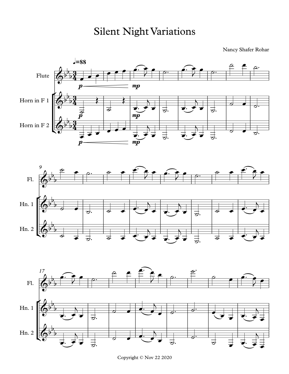 Silent Night Variations (duet for flute and horn or 2 horns) (arr ...