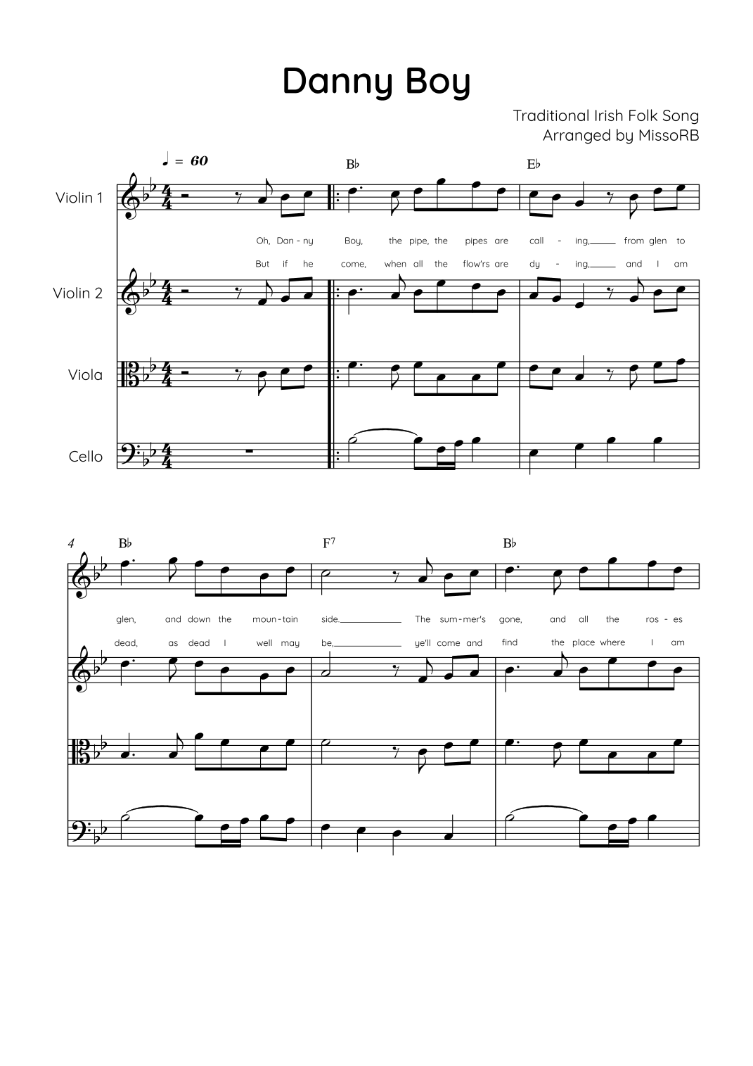 Danny Boy - String Quartet in Bb With Chords & Lyric - Easy (arr ...