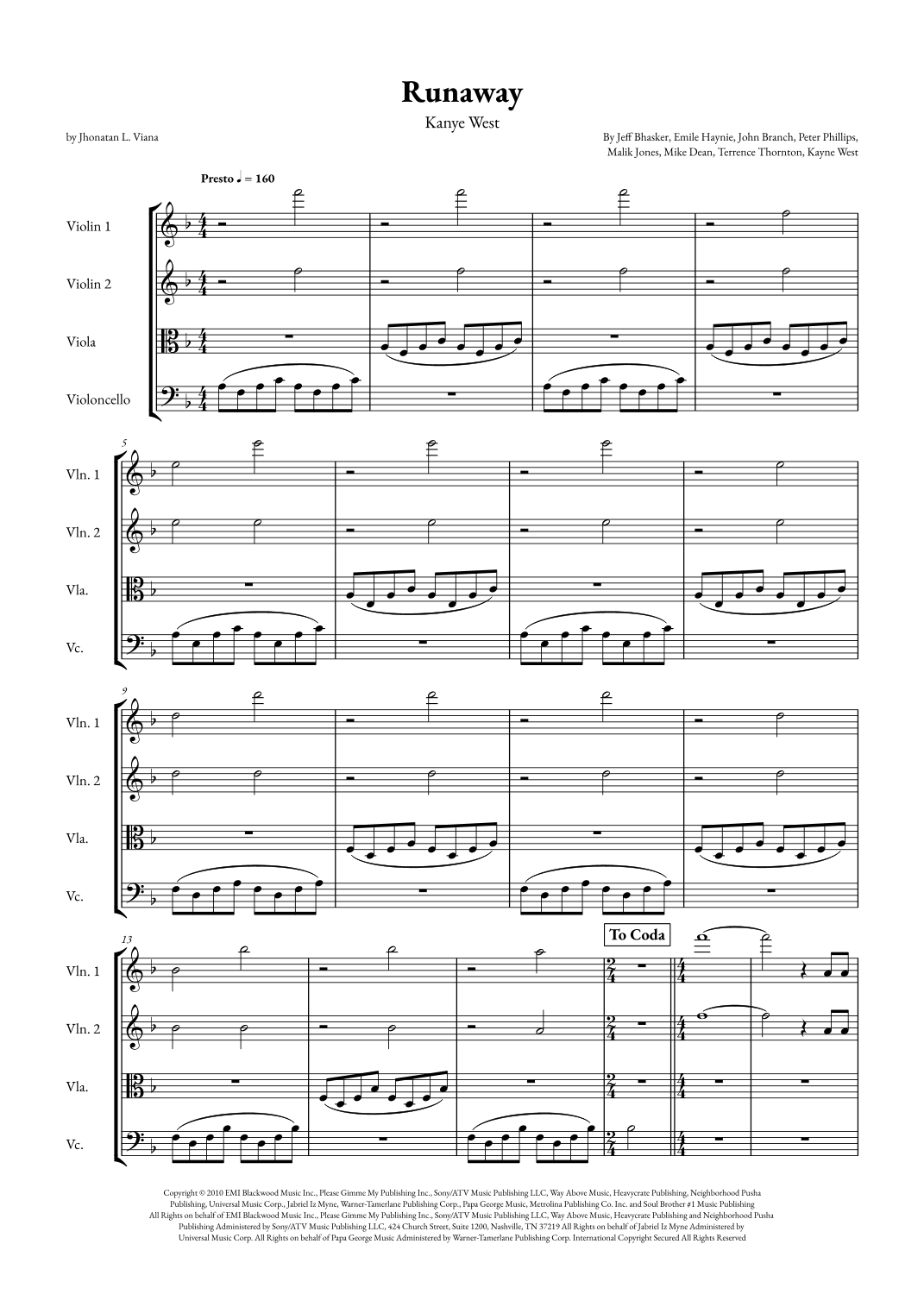 Runaway (arr. Jhonatan Lucio Viana) by Kanye West Sheet Music for ...