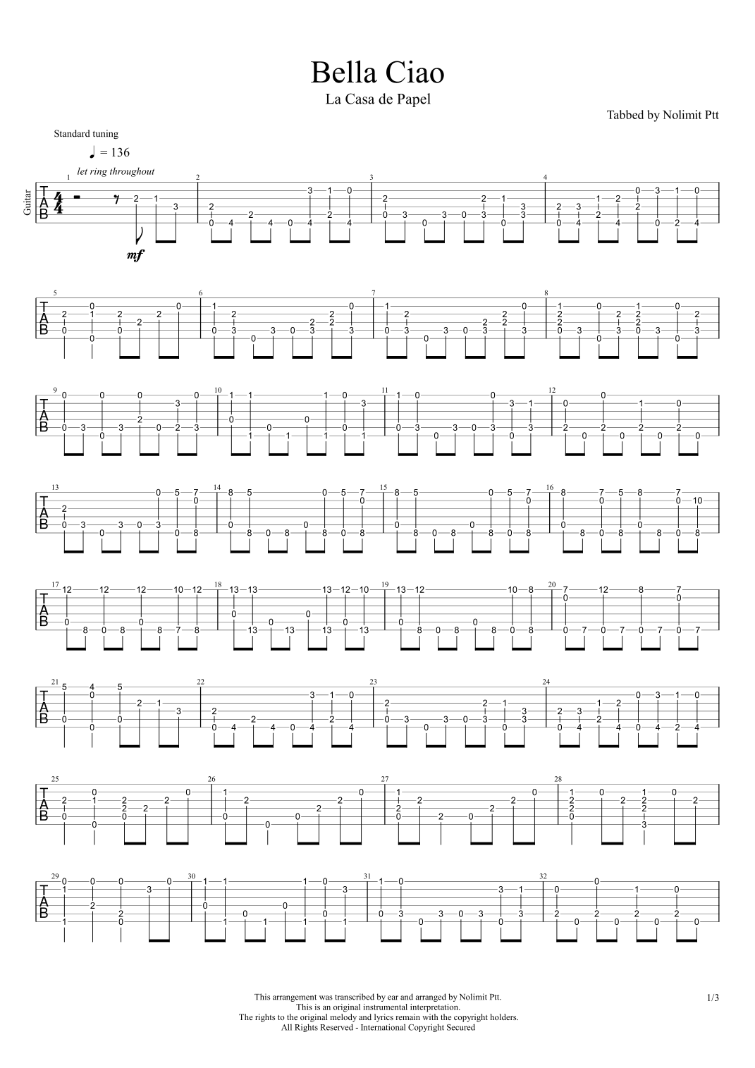 Bella Ciao (arr. Nolimit Ptt) by Lä Casa de Papel Sheet Music for Solo ...