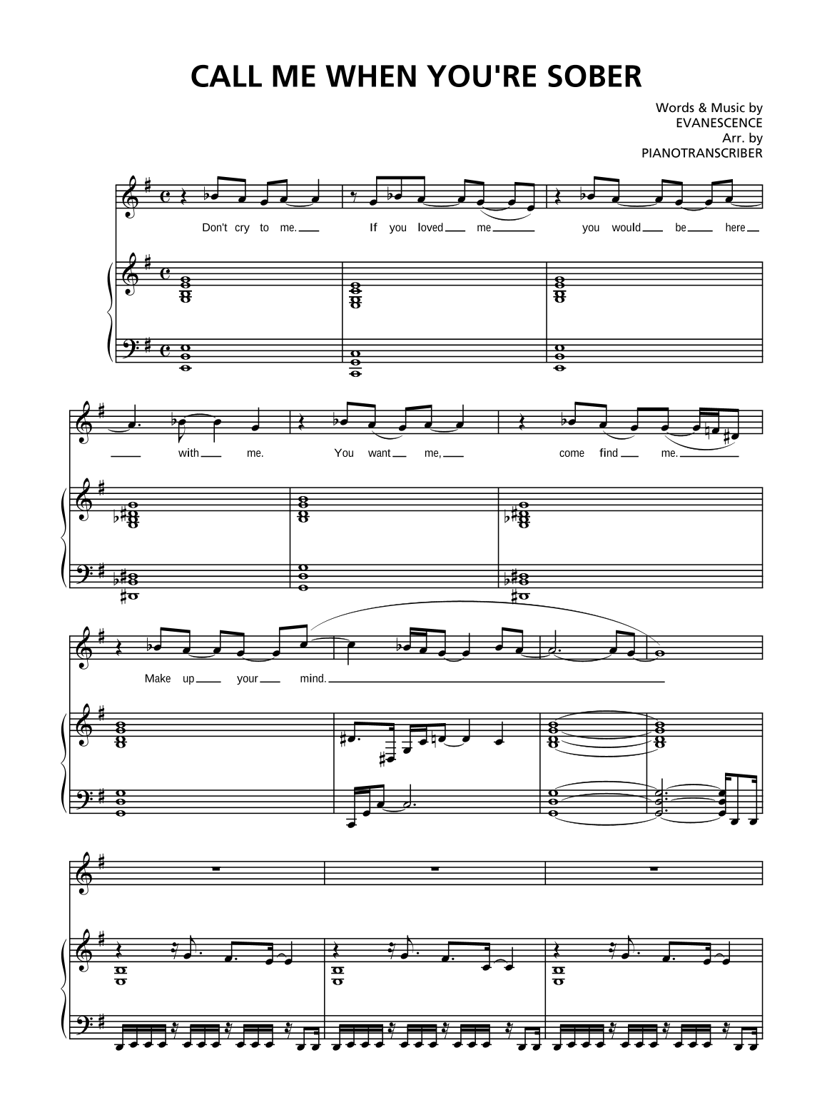 Call Me When You're Sober (arr. Unknown by Evanescence Sheet Music for ...