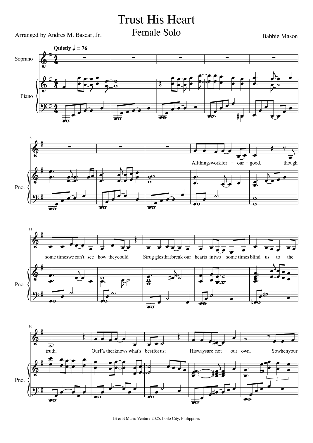 Trust His Heart (arr. Andres M Bascar Jr) by Babbie Mason Sheet Music for Piano & Vocal at Sheet ...