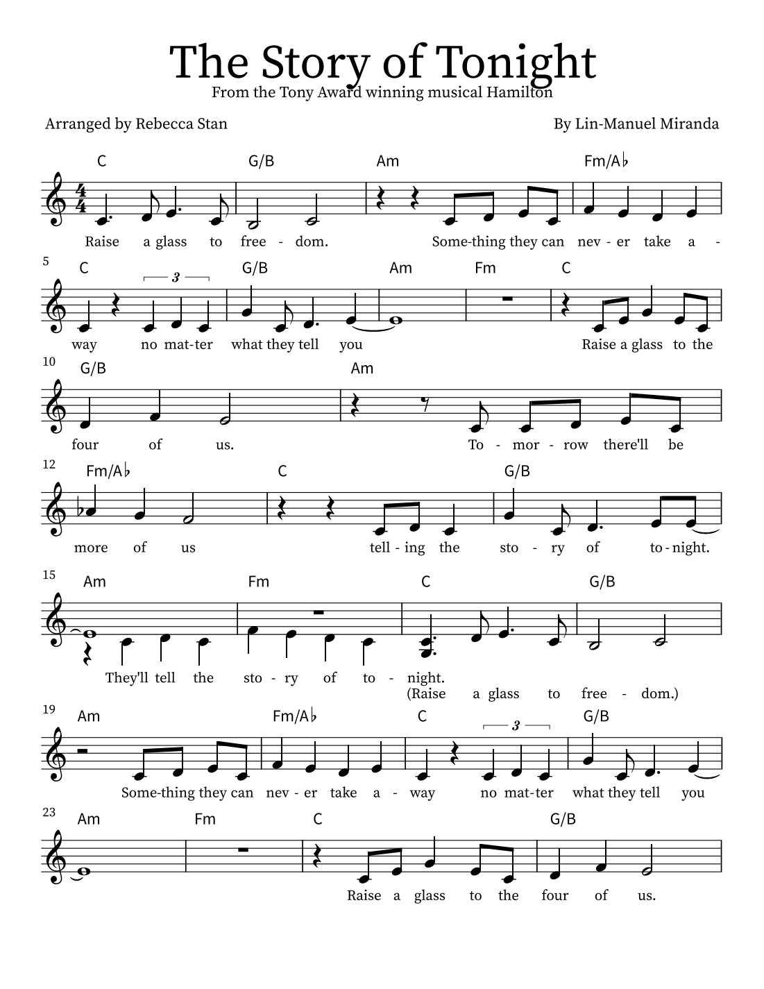 The Story Of Tonight (arr. Rebecca Stan) by Lin-Manuel Miranda Sheet ...