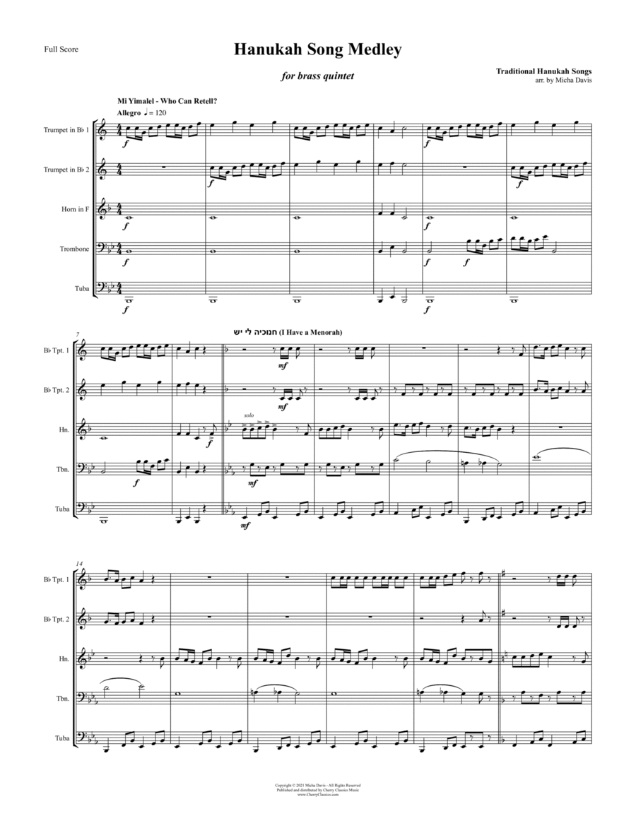 Hanukah Song Medley for Brass Quintet (arr. Micha Davis) by Traditional ...