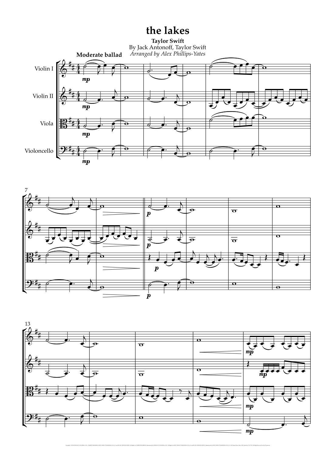 The Lakes (arr. Alex Phillips-Yates) by Taylor Swift Sheet Music for ...