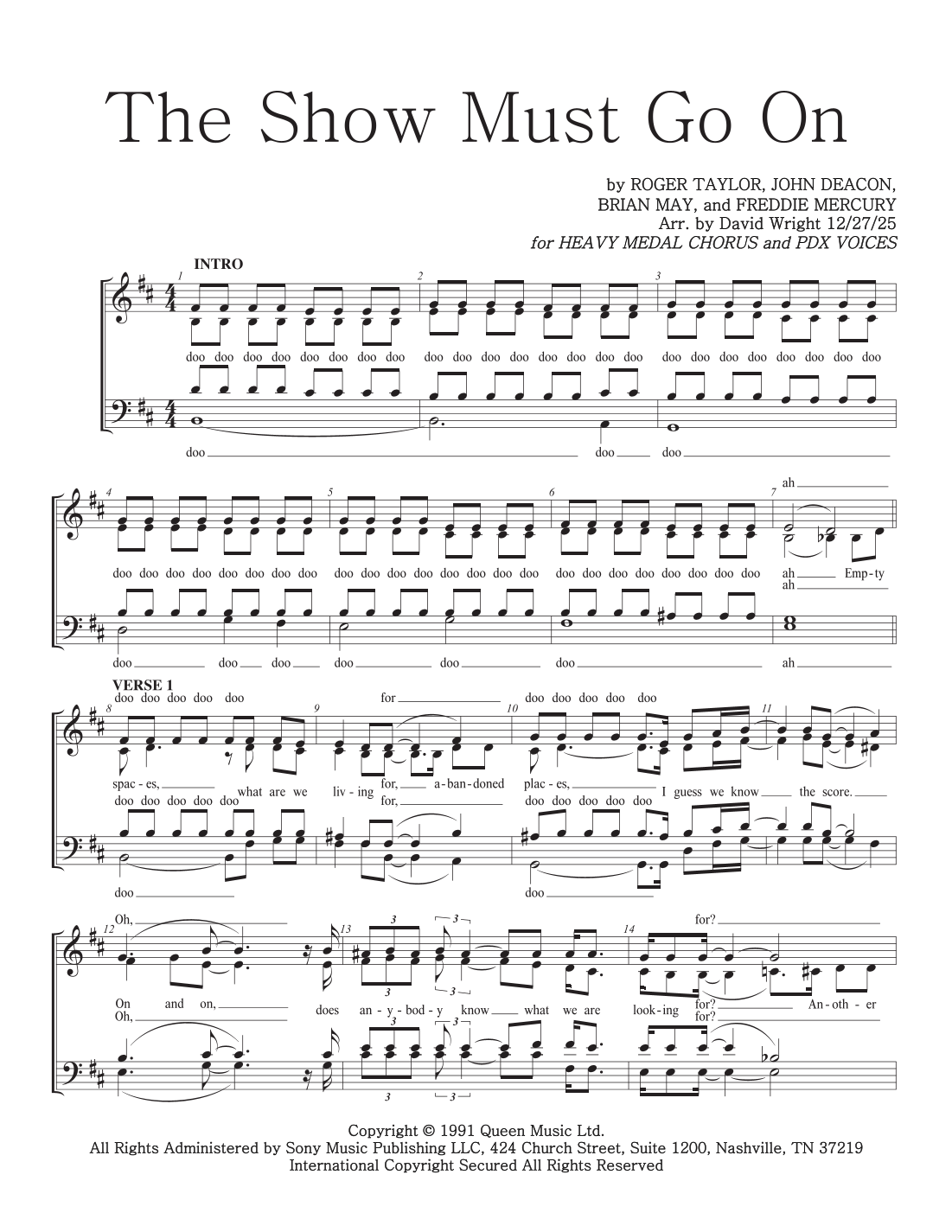 The Show Must Go On (arr. David Wright) por Queen Partituras para SATB ...