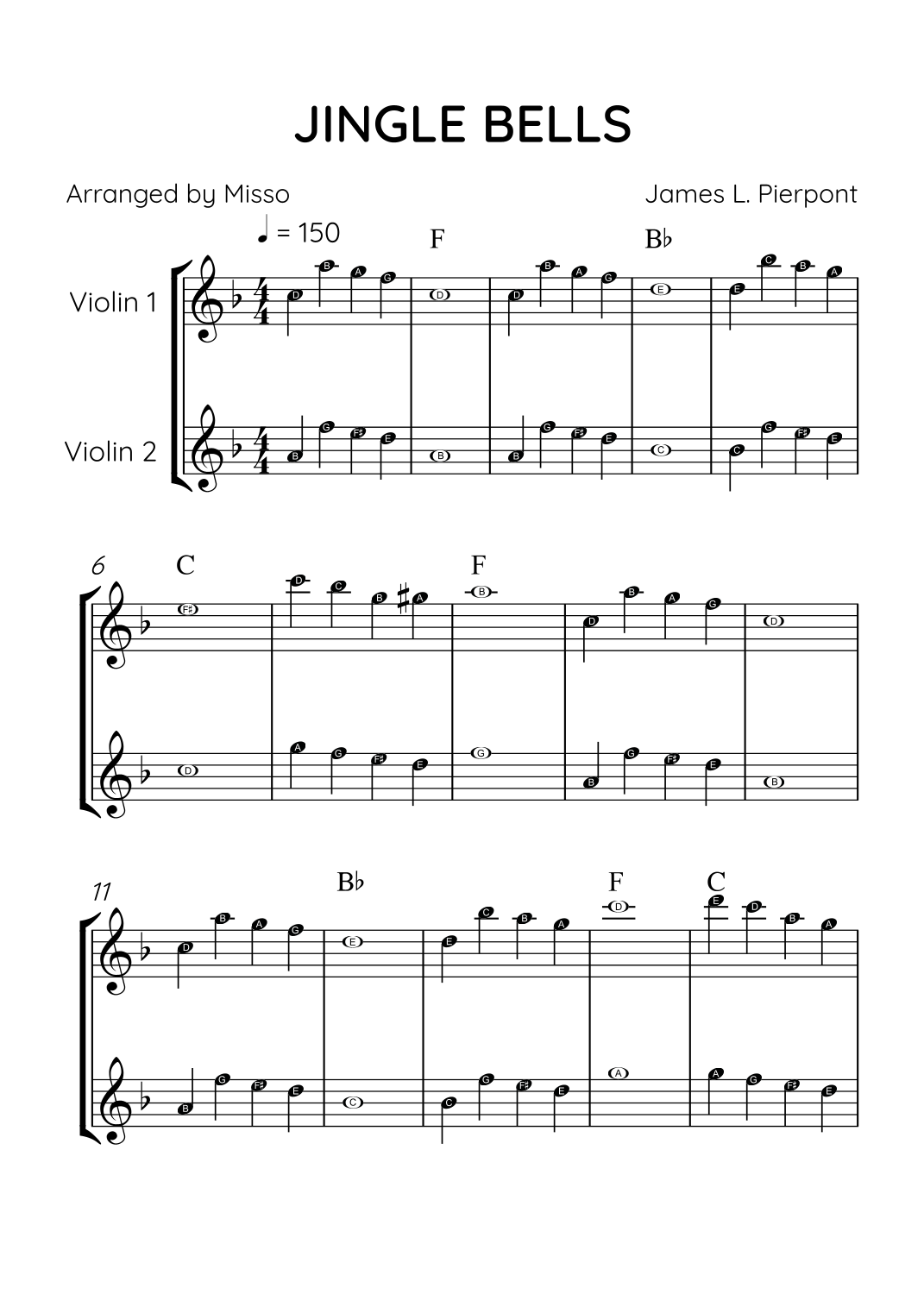 Jingle Bells - Violin Duet in F Major (Beginner With Chords & Letter ...