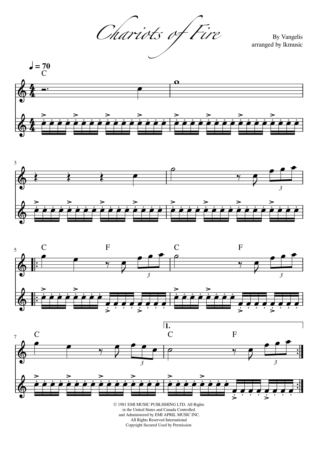 Chariots Of Fire (arr. Lkmusic) by Vangelis Sheet Music for Alto Sax ...