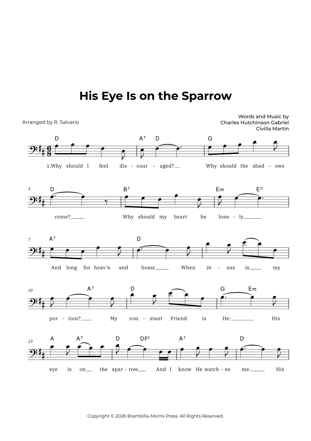 His Eye Is on the Sparrow (Key of D Major) (arr. R. Salvario) by ...