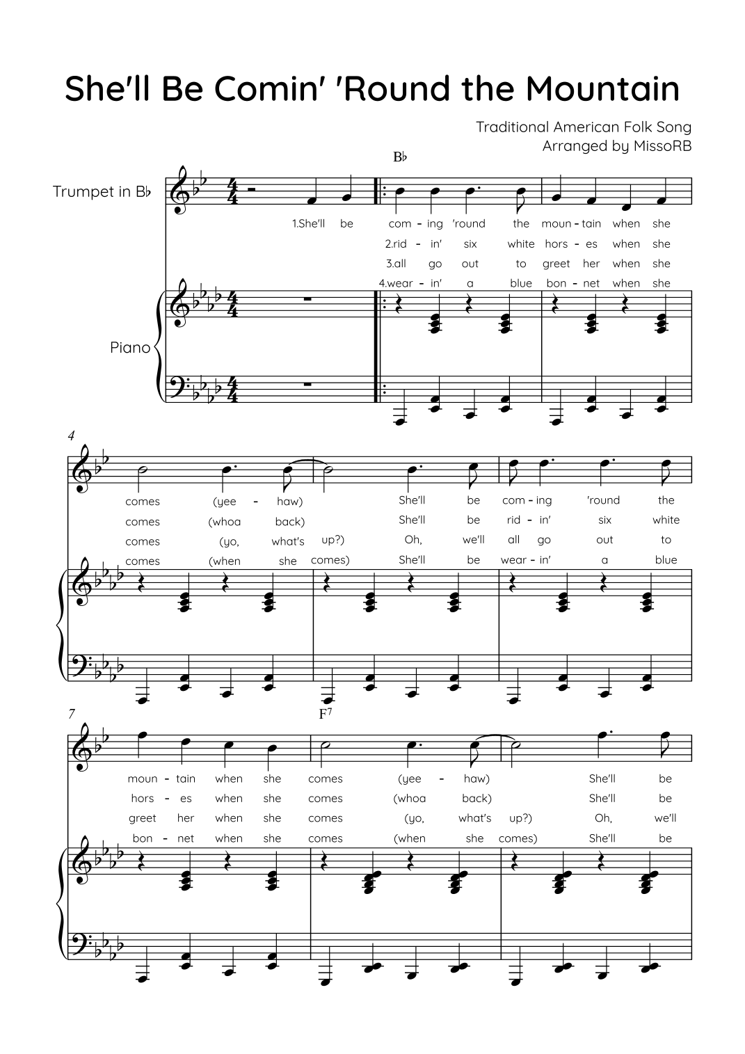 She'll Be Comin''Round the Mountain - Trumpet & Piano in Ab With Chords ...