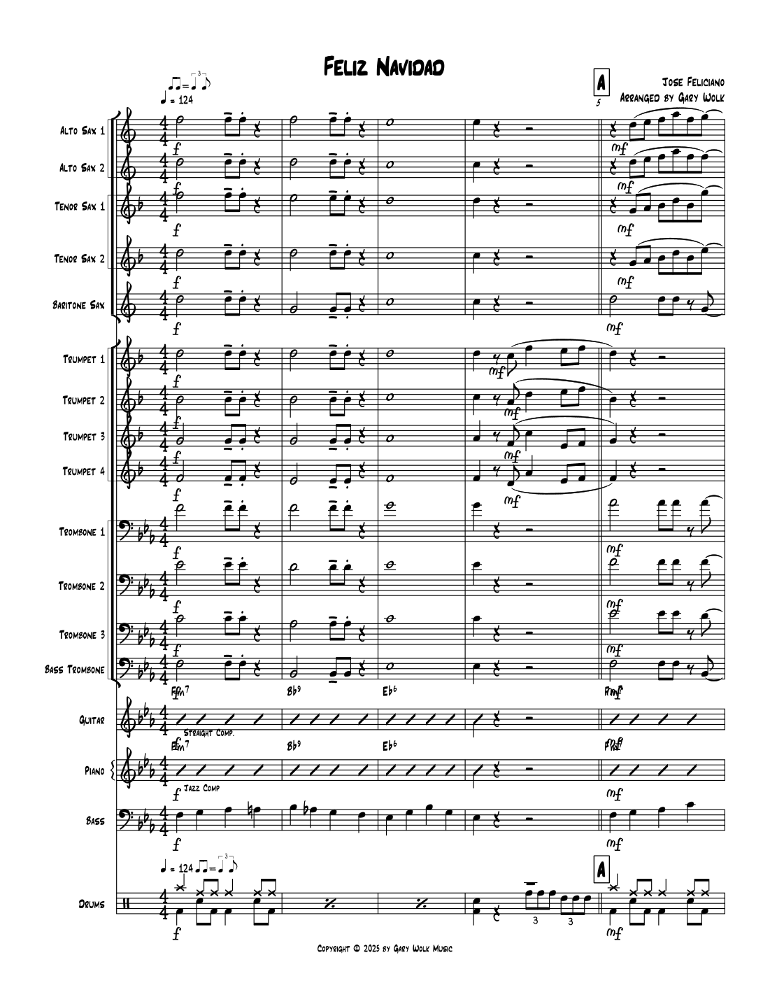 Feliz Navidad (arr. Gary Wolk) by Jose Feliciano Sheet Music for Jazz ...