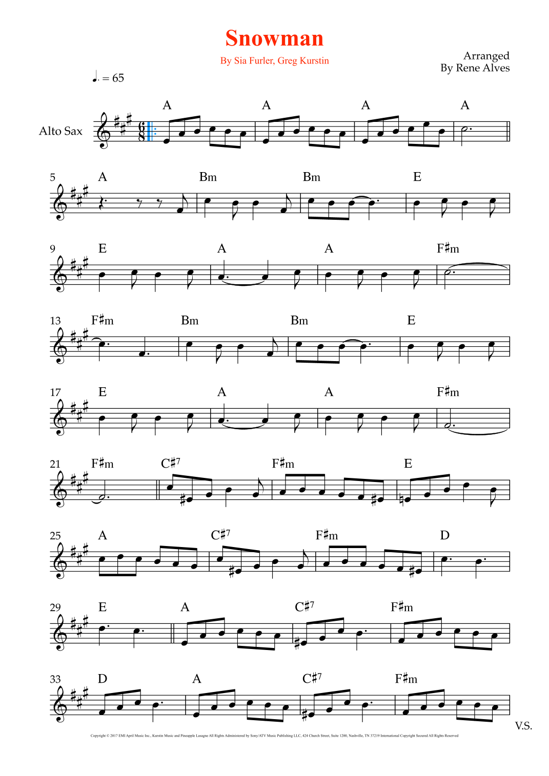 Snowman (arr. Rene Alves) by Sia Sheet Music for Alto Sax Solo at Sheet ...
