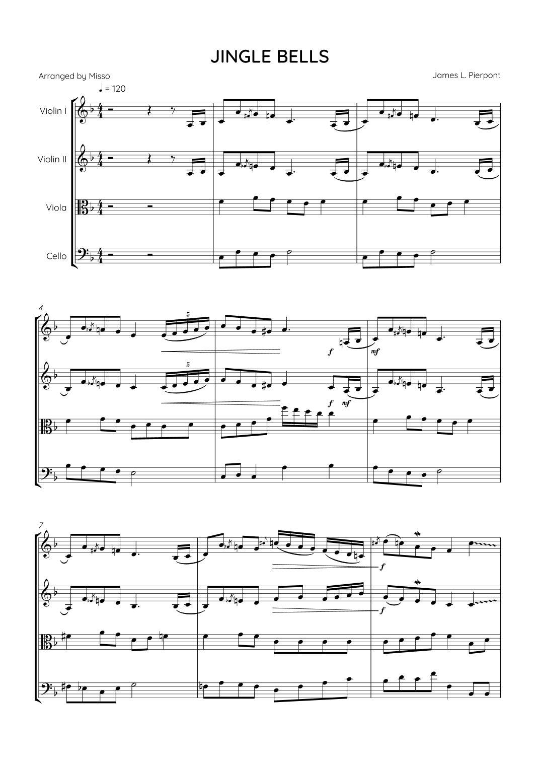 Jingle Bells - Strings Quartet in F Major - Advanced With Chords (arr ...