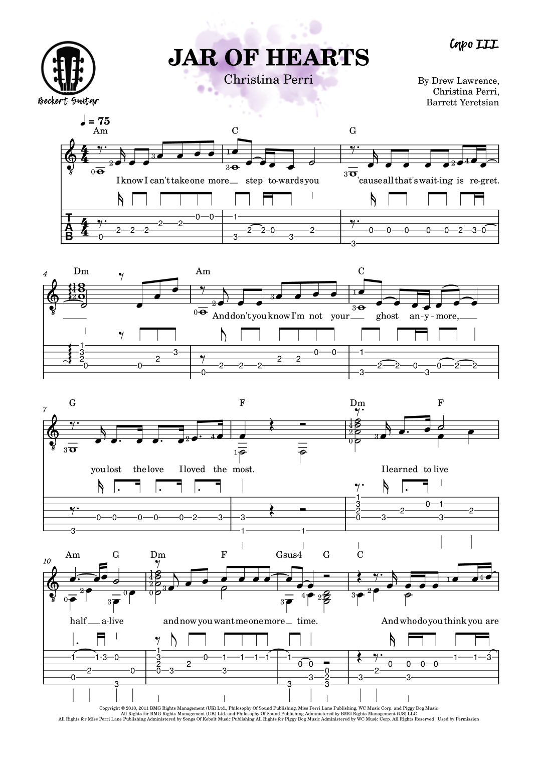 Jar Of Hearts (arr. Beckert Guitar) by Christina Perri Sheet Music for ...