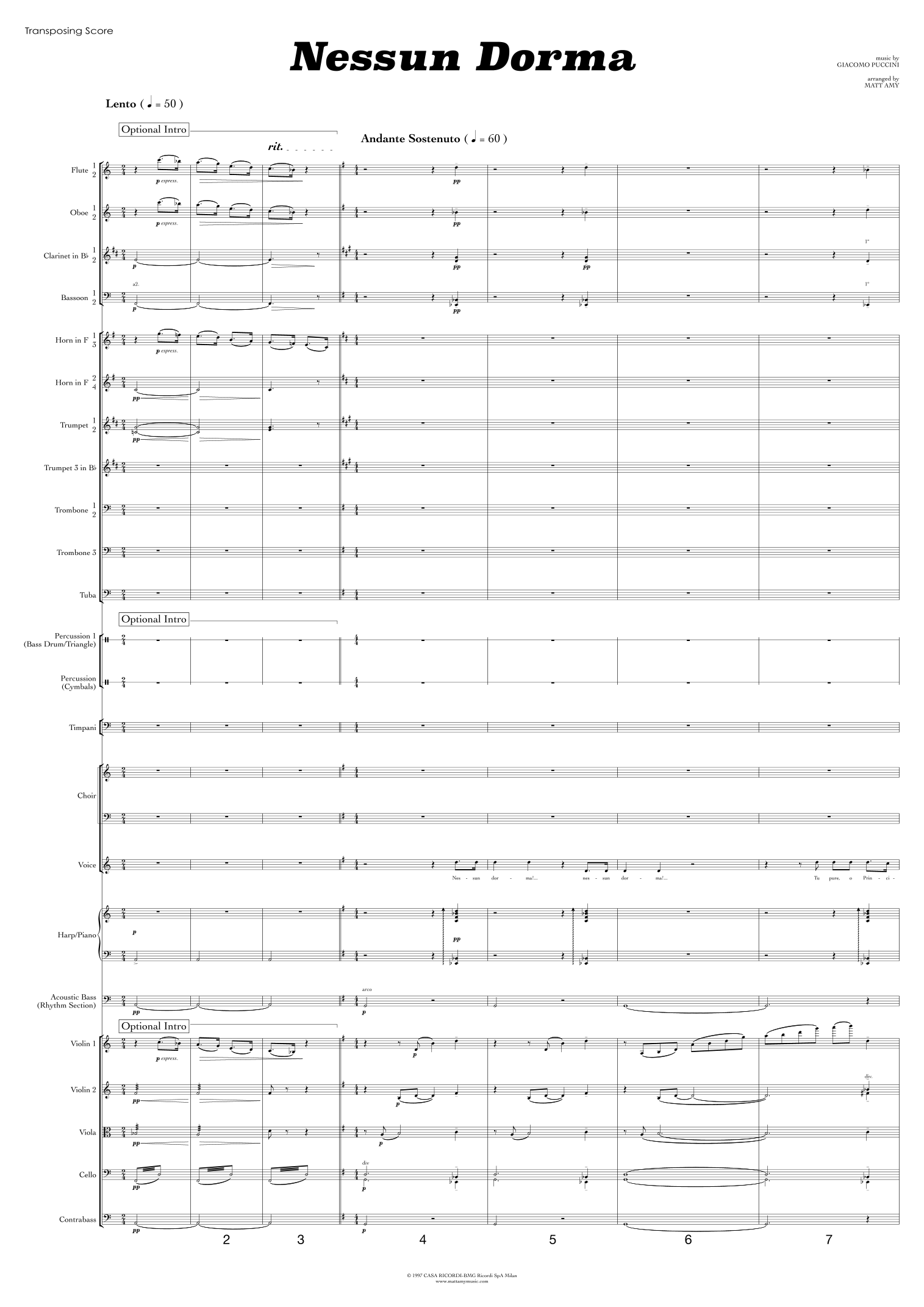 Nessun Dorma (arr. Matt Amy by Renato Simoni Sheet Music for Full ...