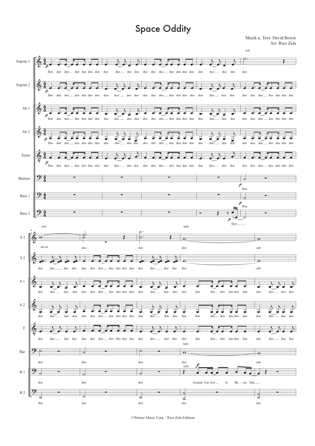 Space Oddity (arr. Rico Zela) by David Bowie Sheet Music for SATB ...