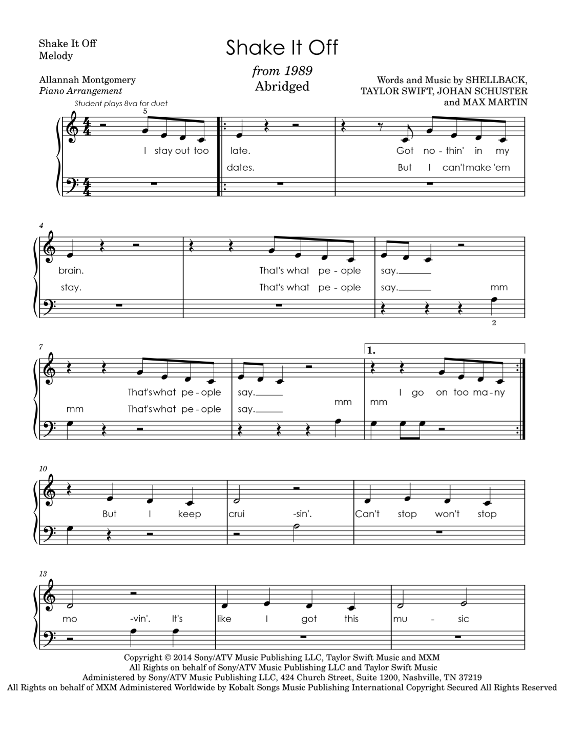 Shake It Off (arr. Allannah Montgomery) by Taylor Swift Sheet Music for ...