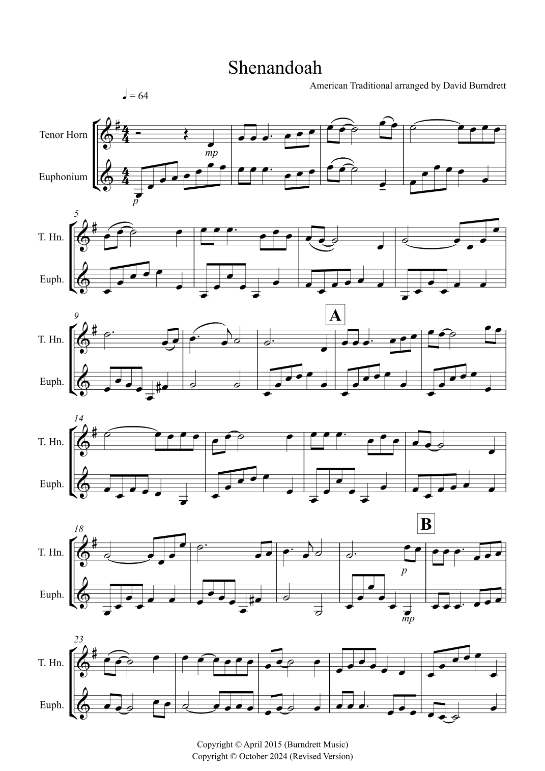 Shenandoah for Tenor Horn and Euphonium Duet (arr. David Burndrett) by ...