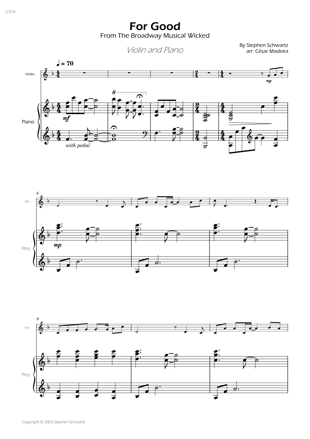 For Good (arr. Cesar Madeira) by Stephen Schwartz Sheet Music for Violin and Piano at Sheet ...