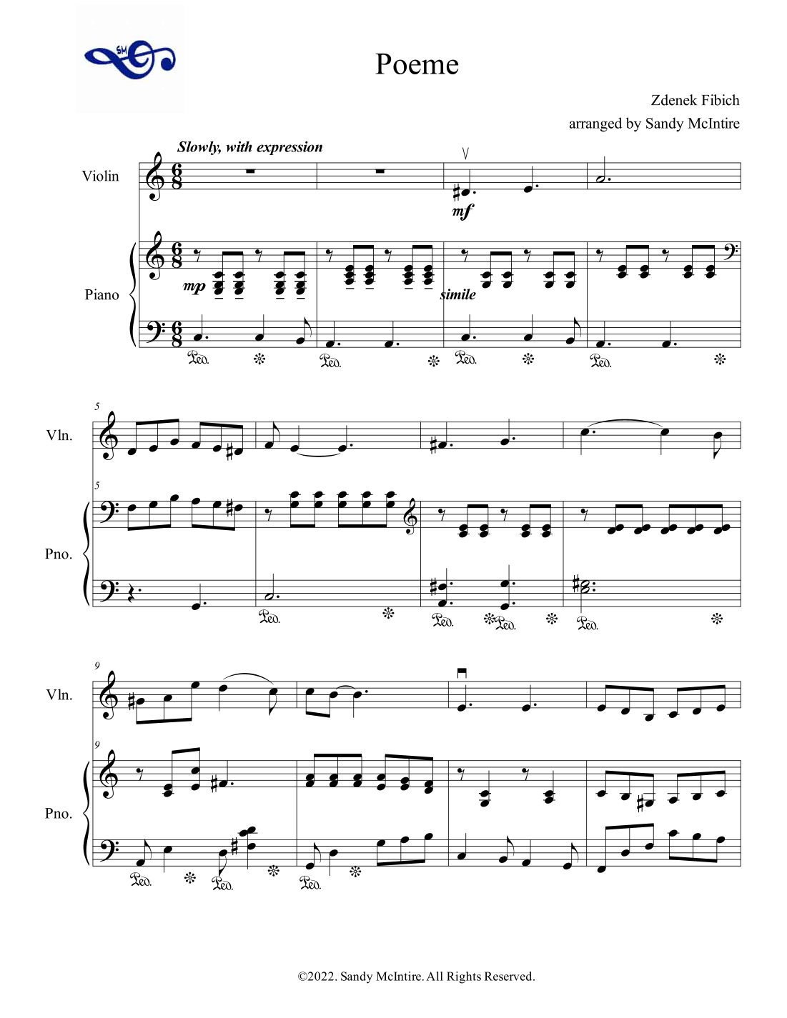 Poeme (arr. Sandy McIntire) by Zdenko Fibich Sheet Music for Violin and ...