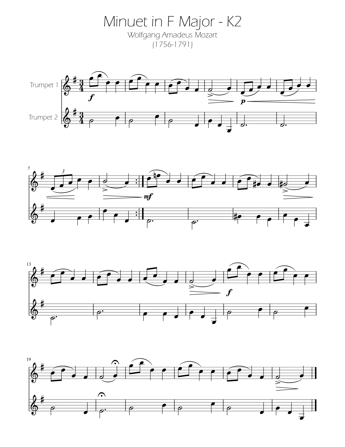 Mozart - Minuet in F Major K2 - Trumpet Duet (arr. Ygor Nunes) by ...