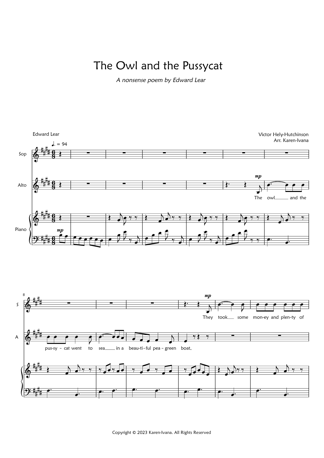 The Owl and the Pussycat (arr. Karen Ivana) by Victor Hely-Hutchinson ...