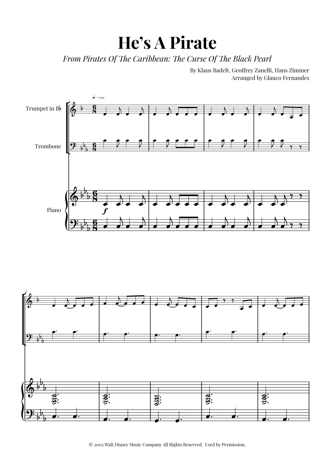 He's A Pirate (arr. Glauco Fernandes) by Geoffrey Zanelli Sheet Music ...