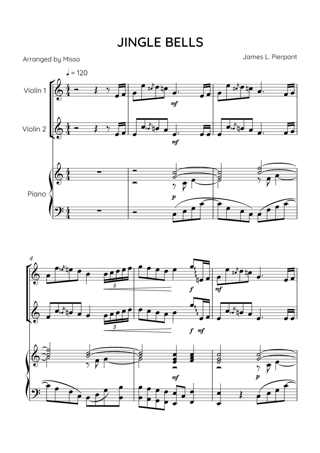 Jingle Bells - Violin Duet & Piano in C Major (Advanced With Chords ...
