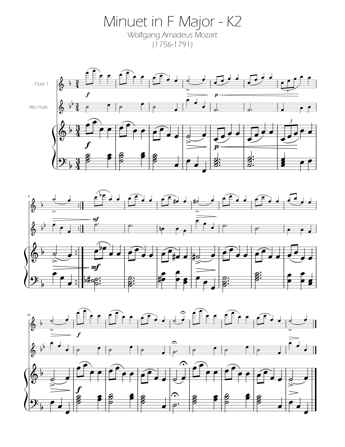 Mozart - Minuet in F Major K2 - Flute and Alto Flute Duet (arr. Ygor ...