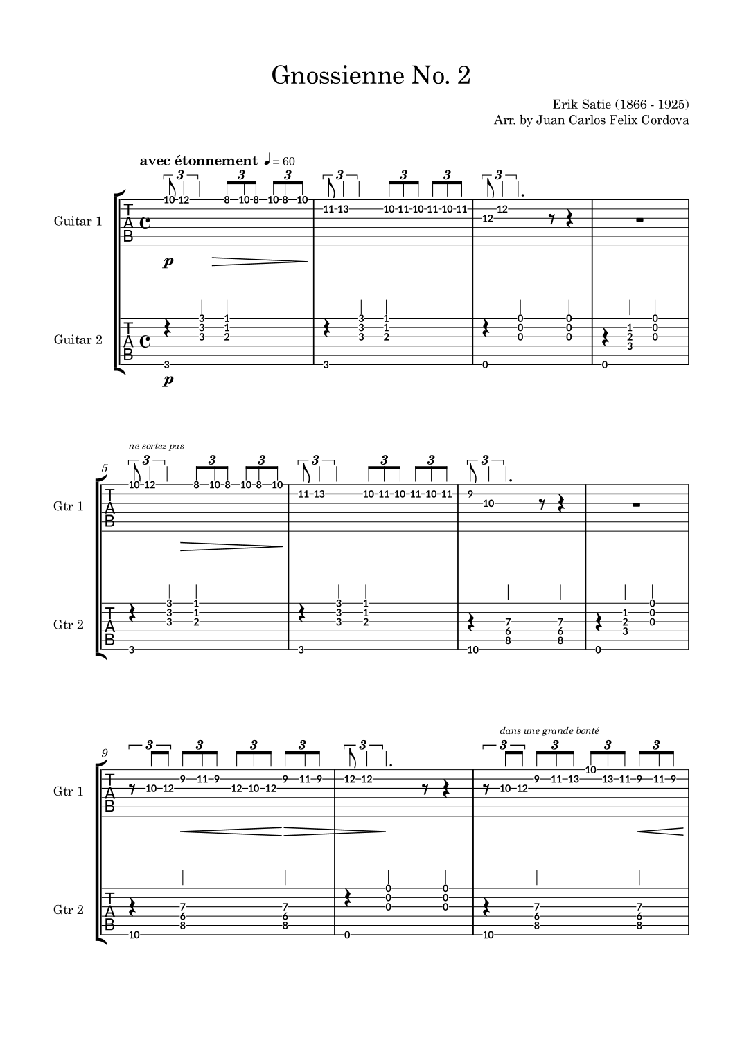 Gnossienne No. 2 for 2 guitars (TAB) (arr. Juan Carlos Felix Cordova ...