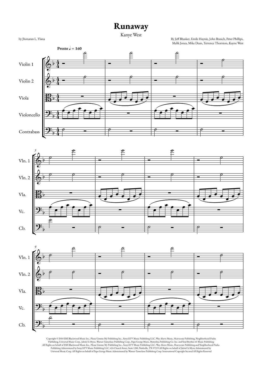 Runaway (arr. Jhonatan Lucio Viana) by Kanye West Sheet Music for ...
