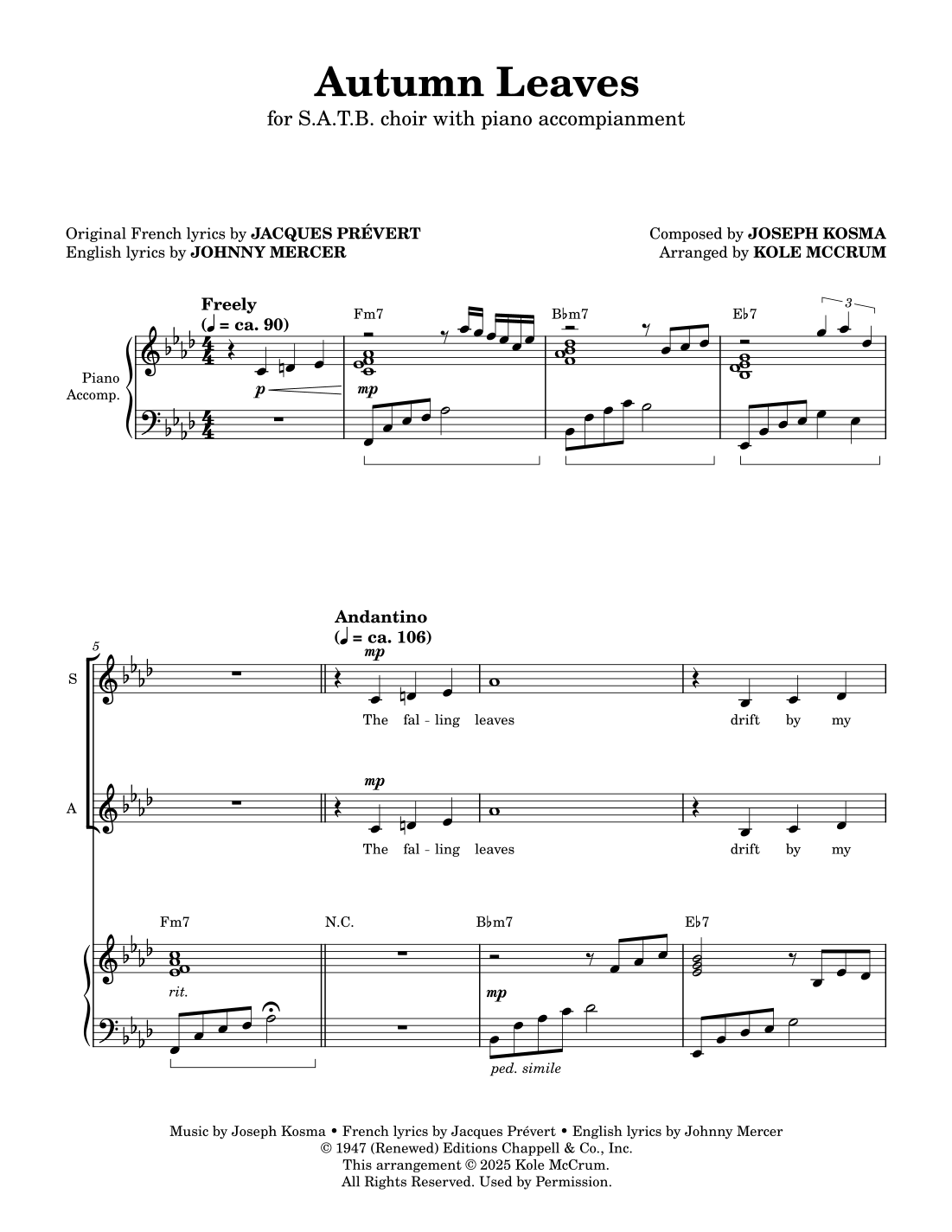 Autumn Leaves (arr. Kole McCrum) by Joseph Kosma Sheet Music for SATB ...