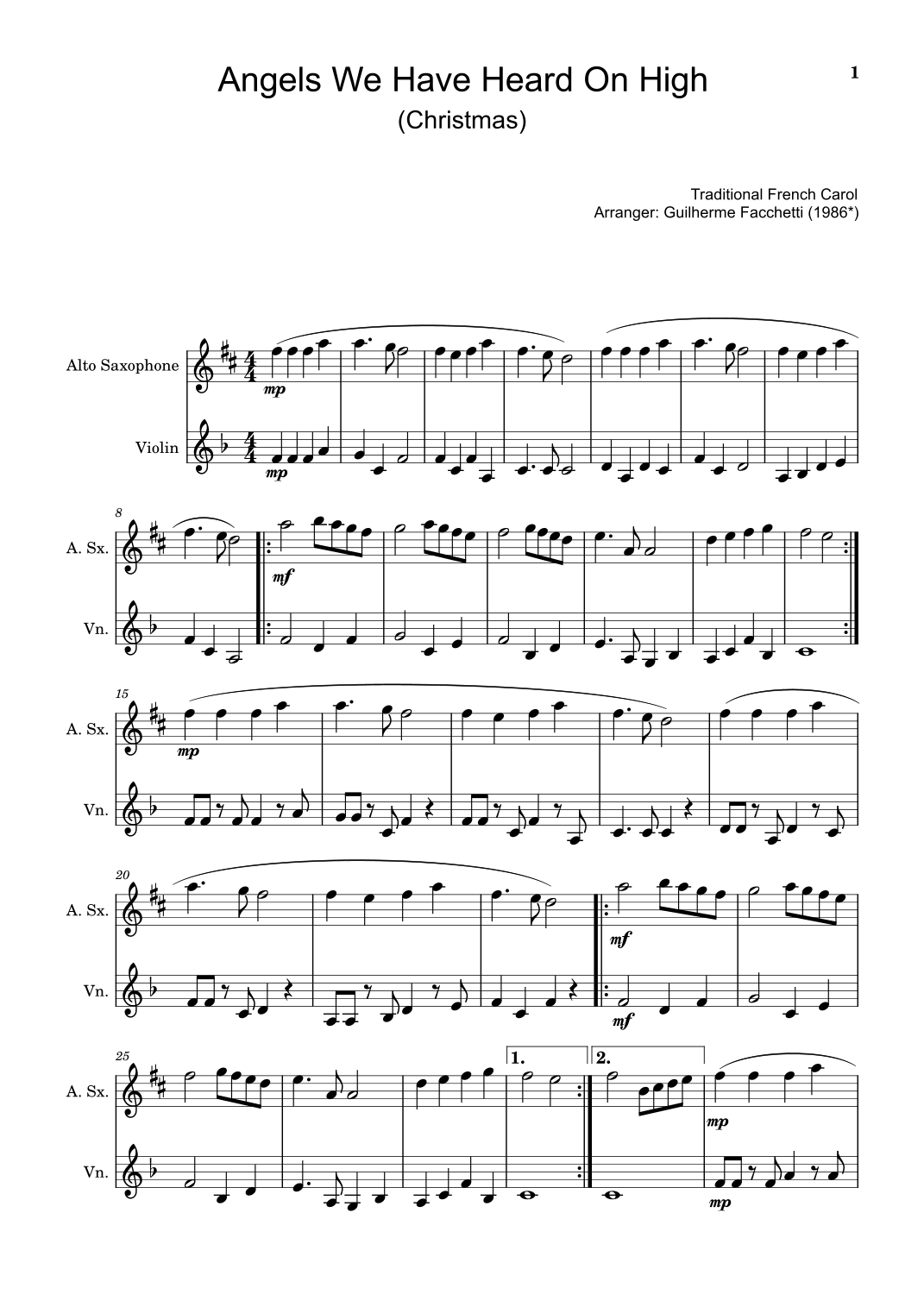 Angels We Have Heard On High - Arranged for A. Sax. and Violin. (arr ...