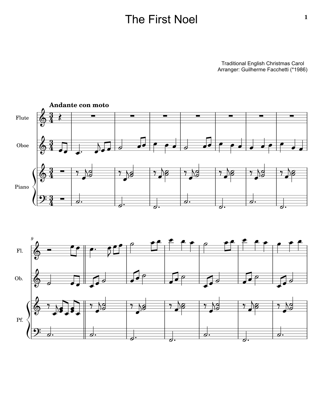 The First Noel - Flute, Oboe and Piano. With Parts. (arr. Guilherme ...